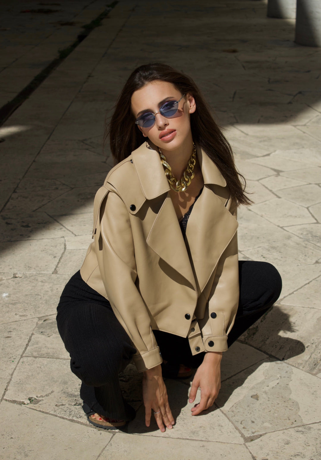 Wanan Touch | Ilaria Jacket in Beige Lambskin Leather with Zip - Women ...